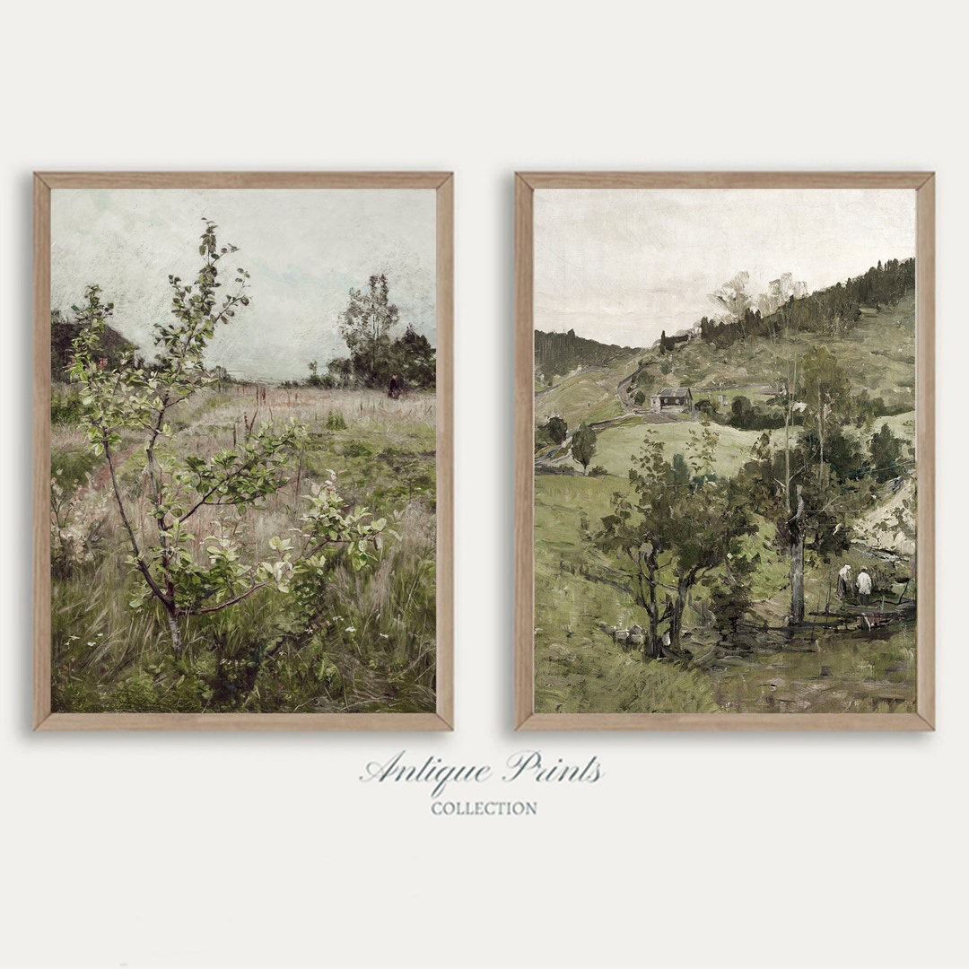Moody Country Set of 2 Vintage Painting, Trees Antique Vertical 2 ...