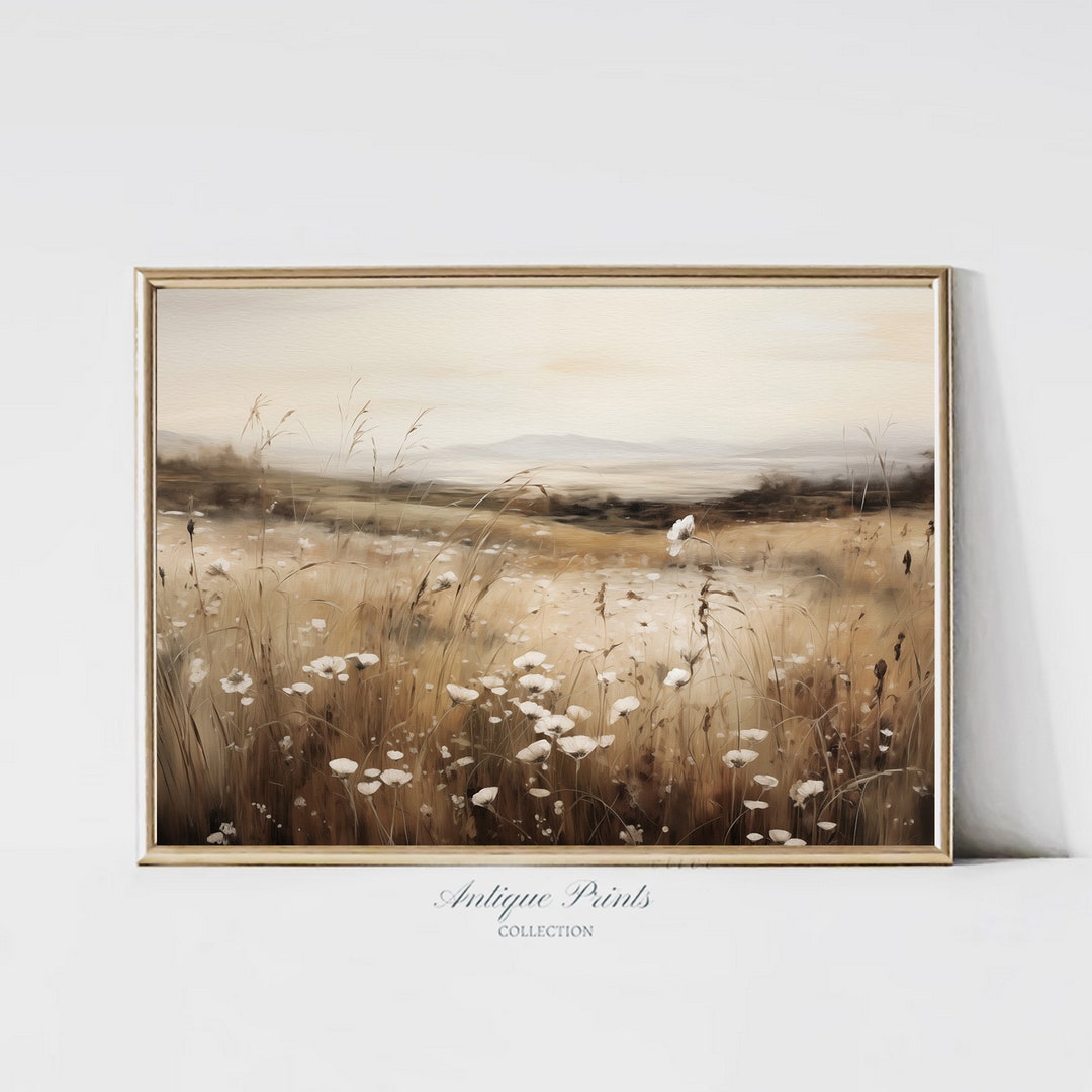 Wildflower Field Print, Vintage Neutral Country Large Wall Art, Meadow ...