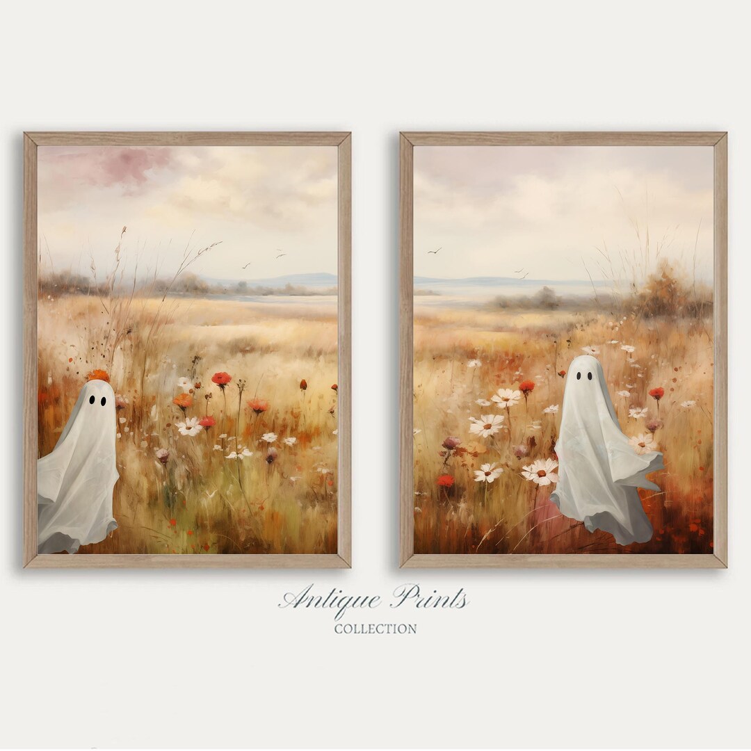 Wildflower Field Ghosts Wall Art, Fall Spooky Halloween Set of 2 Prints ...