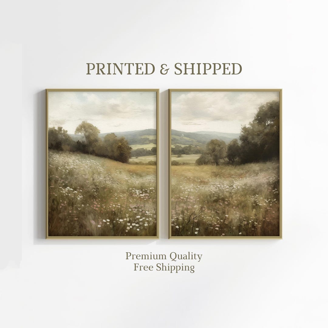 Wildflower Field Set of 2 Split Prints, Neutral Landscape 2 Pieces ...