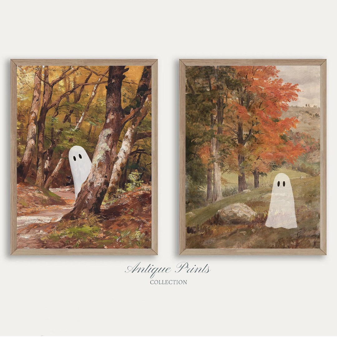 Cute Ghosts Wall Art, Fall Spooky Halloween Set of 2 Prints, Autumn ...