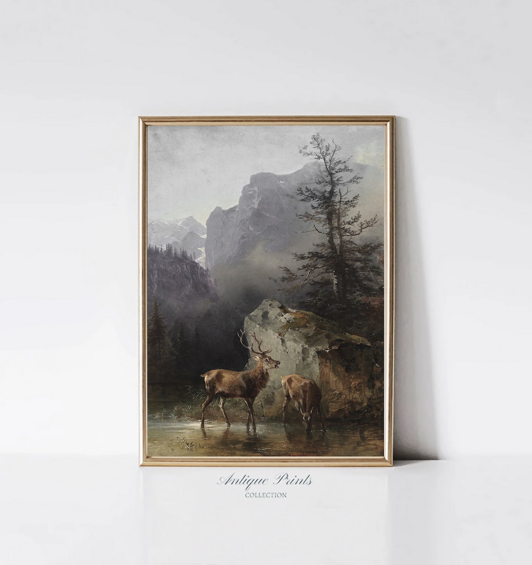 Rustic Deer Painting, Antique Mountain Wall Art, Vintage Deer Print ...