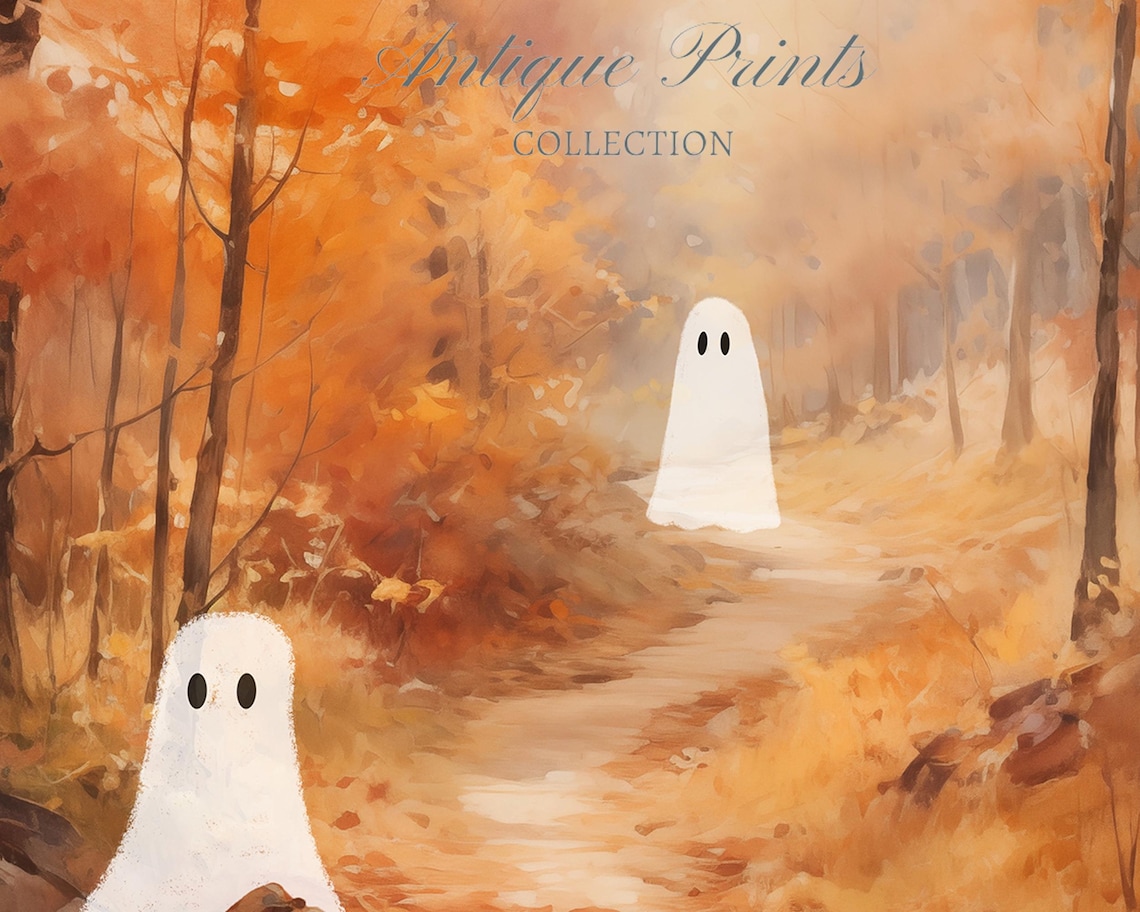Spooky Halloween Print, Cute Ghosts Fall Wall Art, Autumn Forest ...