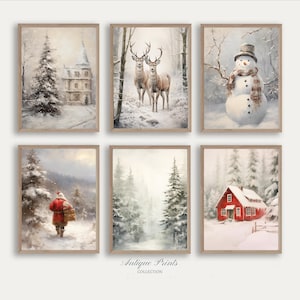 Christmas Gallery Wall Set, Set of 6 Snowy Landscape Painting, Santa ...
