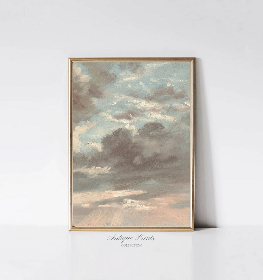 Neutral Sky Painting, Vintage Blush Sky Wall Art, Clouds Study Large ...