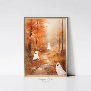 Spooky Halloween Print, Cute Ghosts Fall Wall Art, Autumn Forest ...