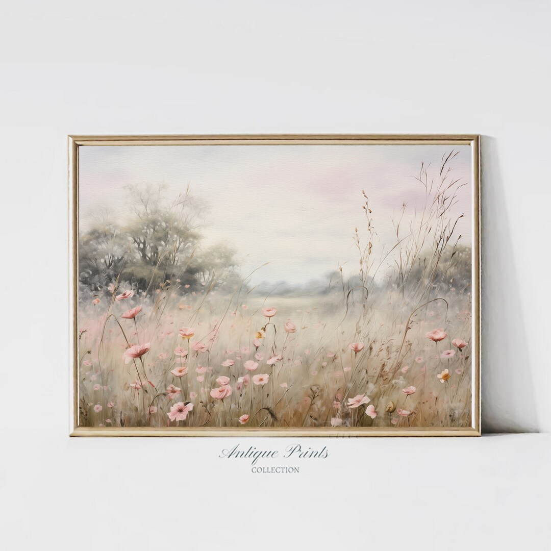 Muted Wildflower Field Print, Vintage Neutral Country Large Wall Art ...