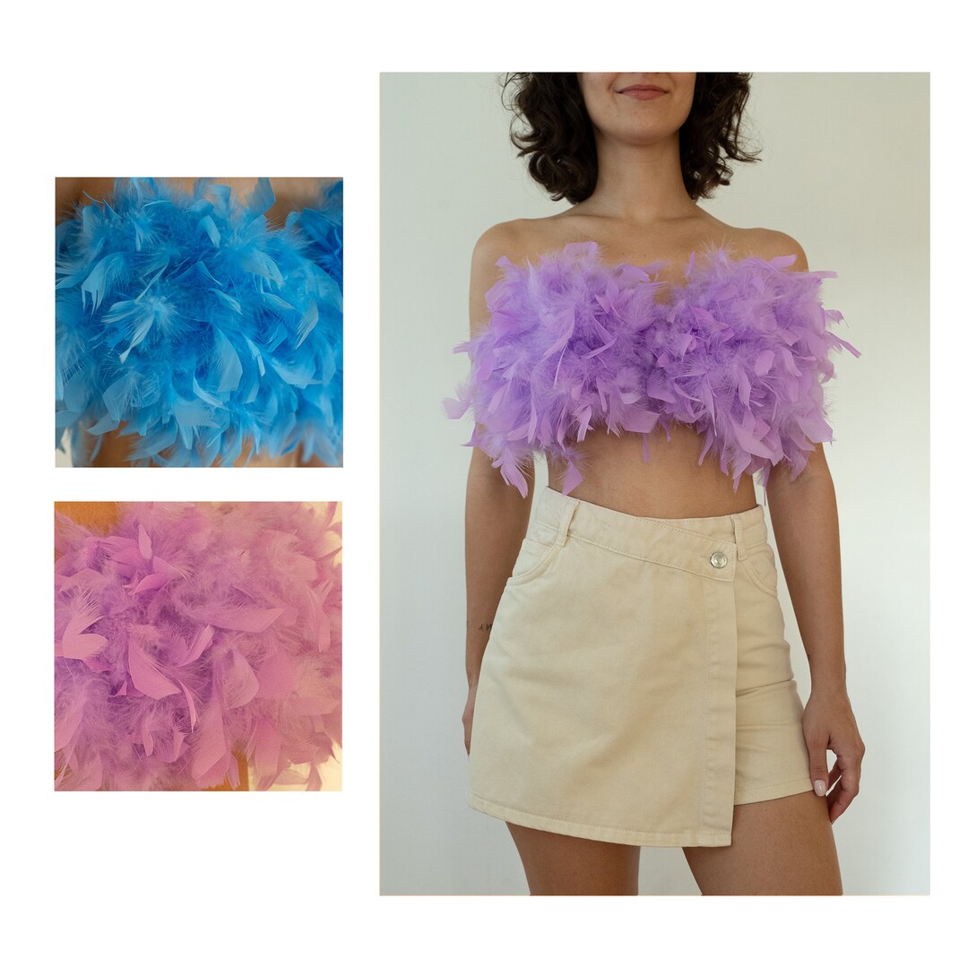 Off Shoulder Feather Top for Special Events, Fluffy Crop Top, Purple ...