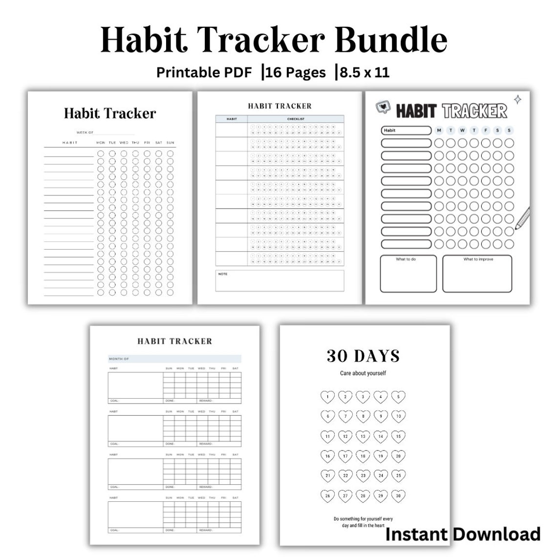 Habit Tracker Printable Bundle, Monthly Habit Tracker, 30-day Habit ...