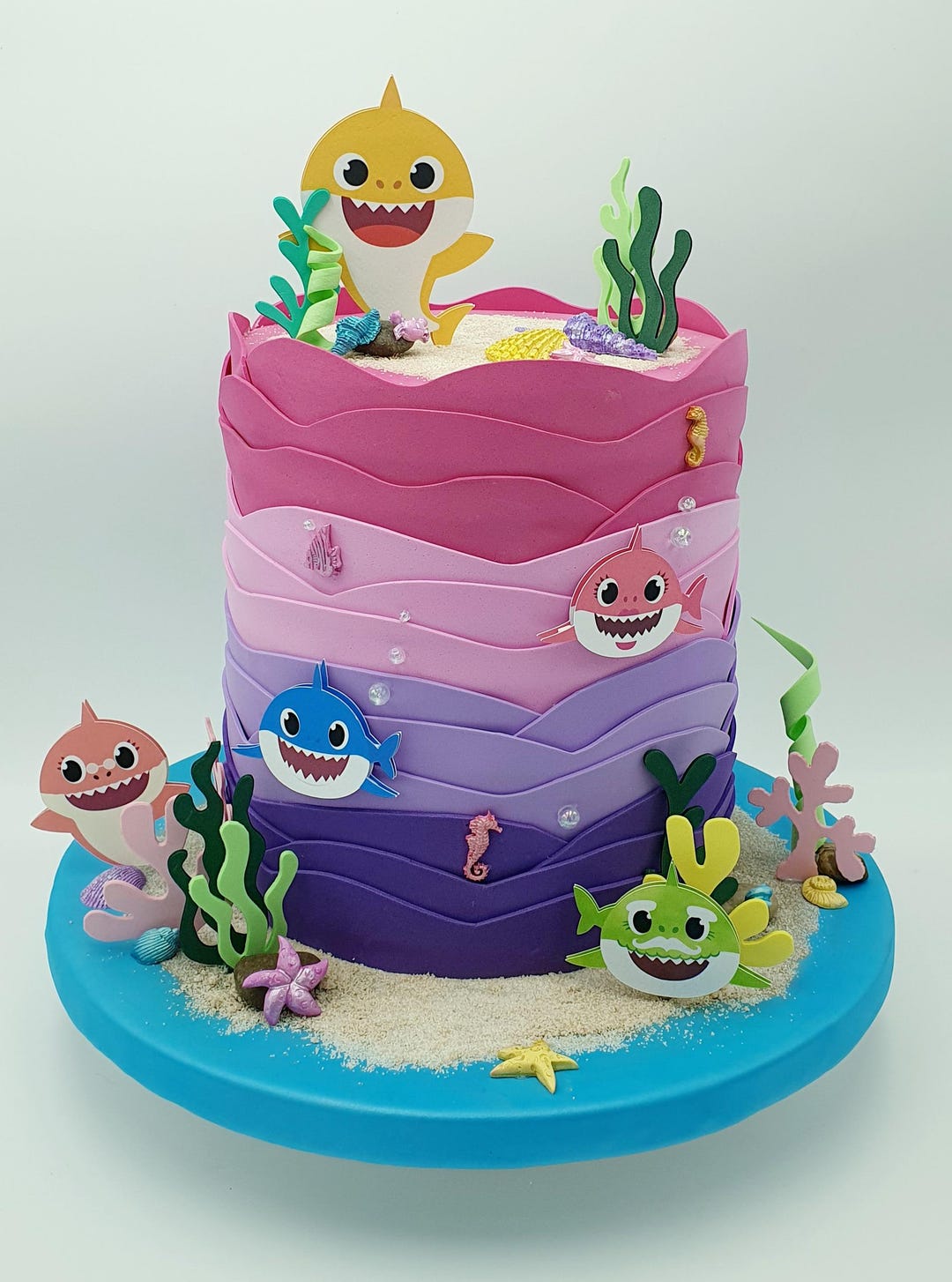 Pink, Lilac, Purple Baby Shark Fake Scenographic Cake With Waves in Eva ...