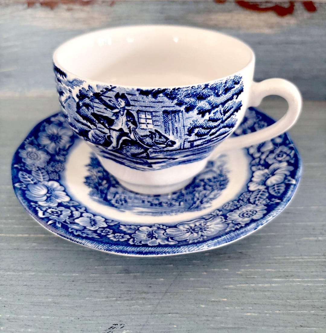 Vintage Liberty Blue Tea Cup and Saucer Set, Old North Church Porcelain ...
