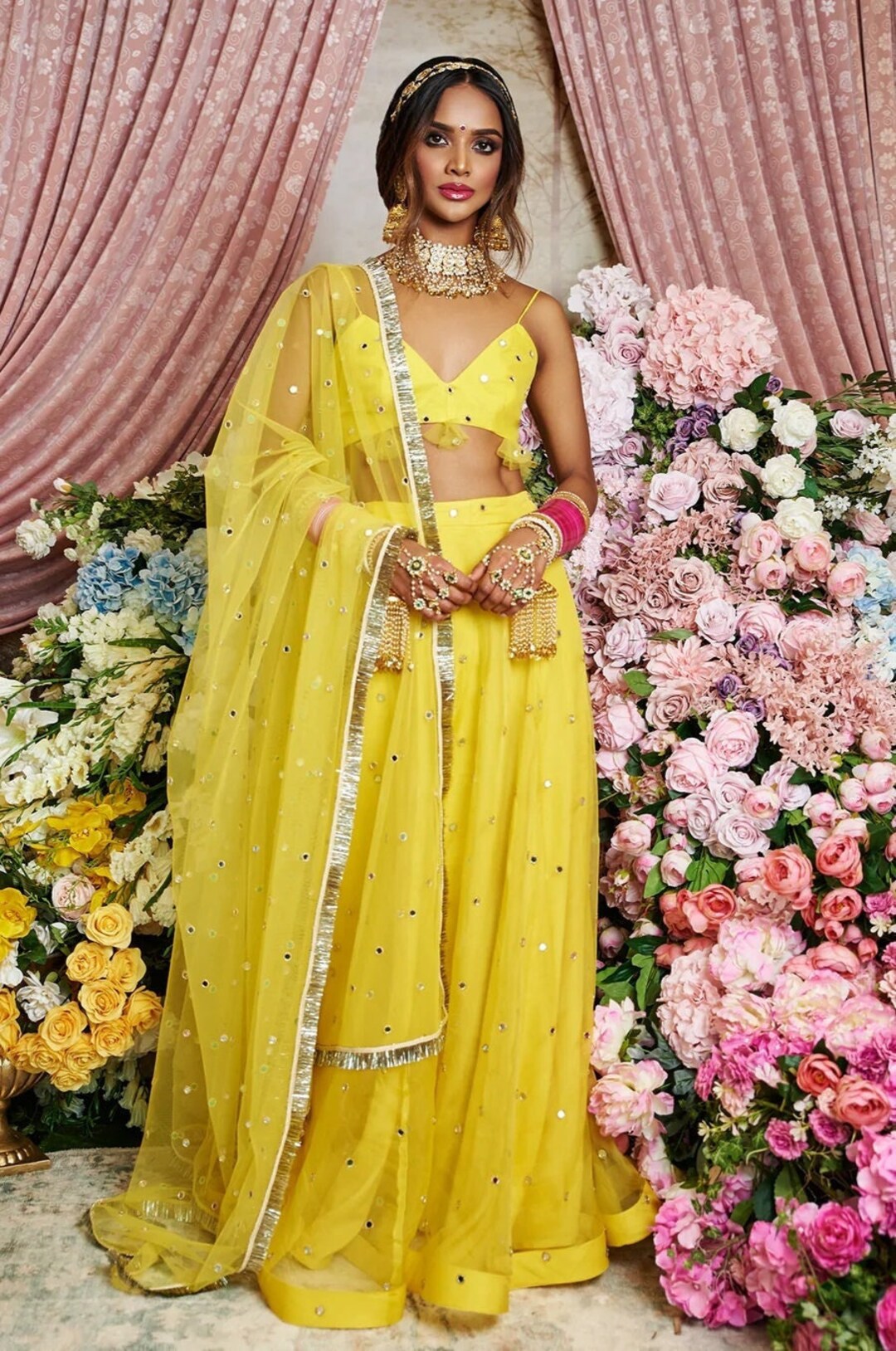Yellow Lehenga/ Yellow Mirror Lehenga/ Canary Yellow Lehenga/ Lehenga ...