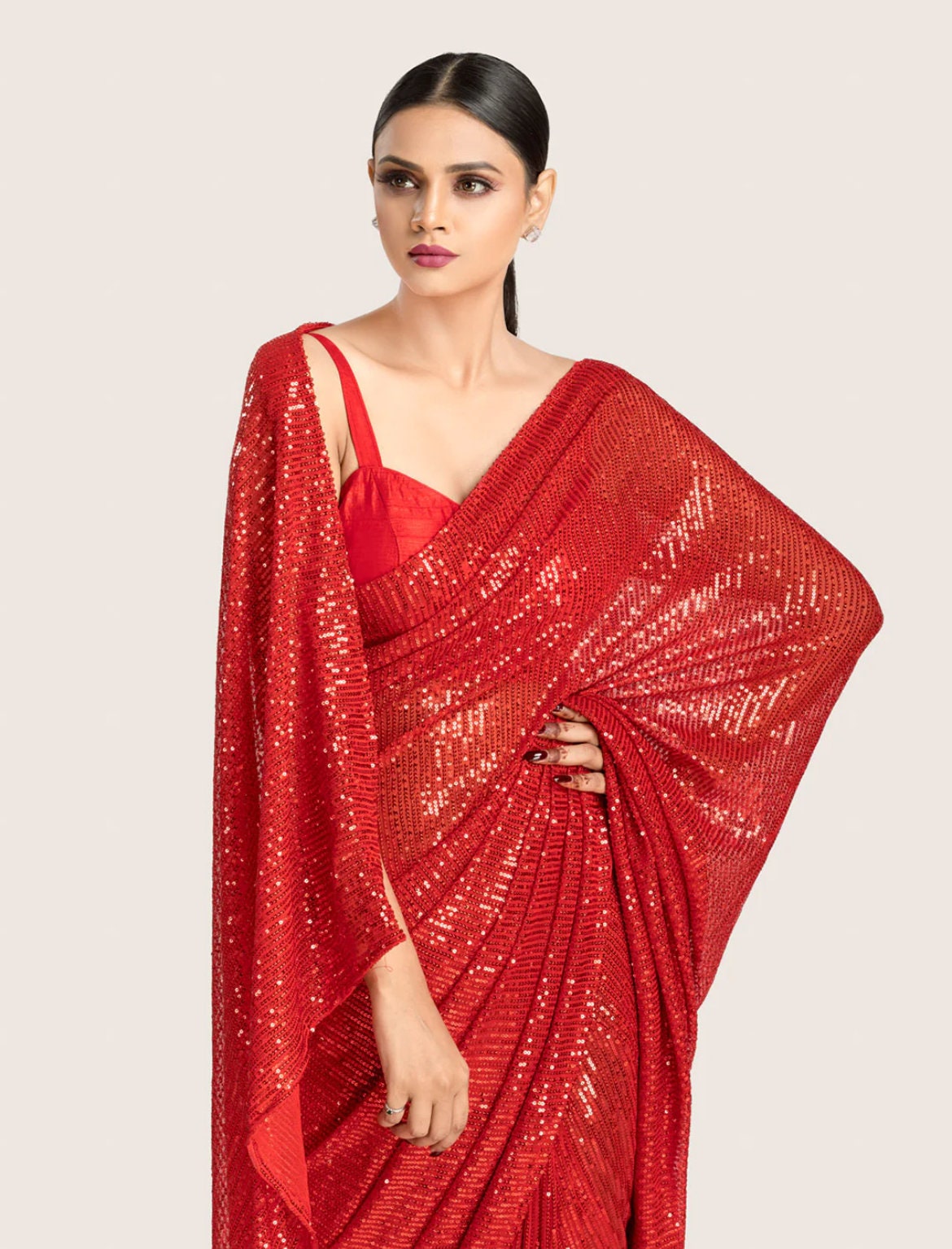 Red Sequin Sari/ Red Color Saree/ Bling Sari Indian/ Red Bling - Etsy