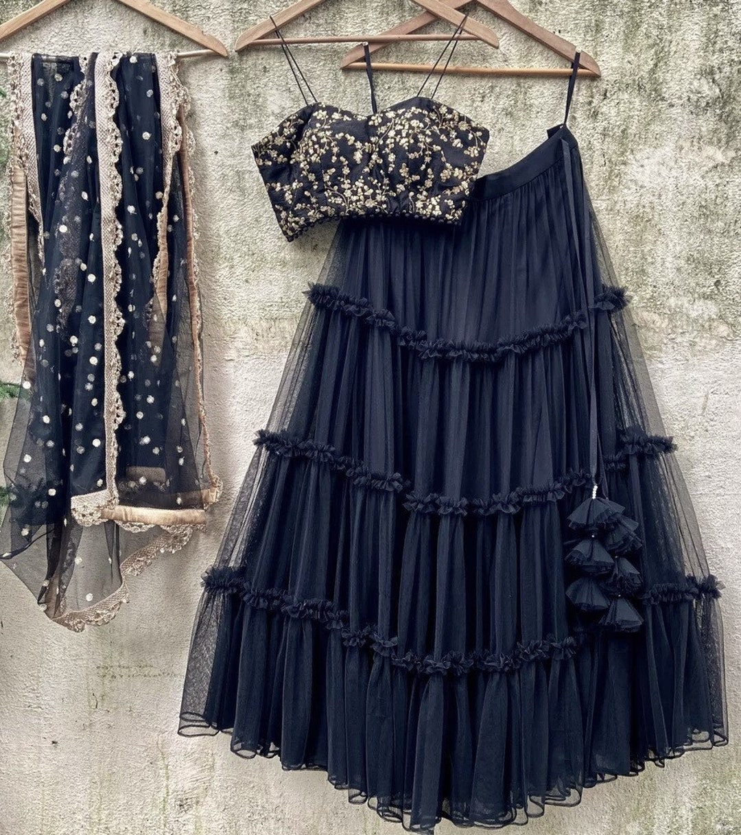 Black Gold Lehenga/ Party Wear Lehenga/ Readymade Lehenga/ Black Tulle ...
