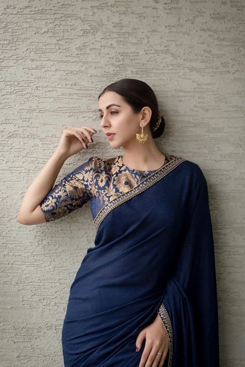 Blue Saree/ Blue Gold Sari/ Blue Sari Blouse/ Blue Indian Sari/ Blue ...
