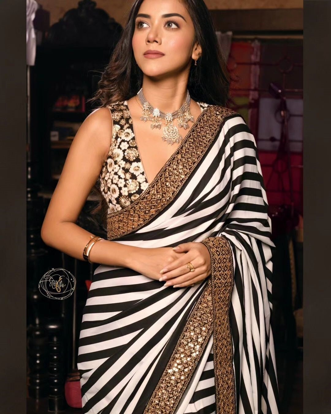 Black White Sari/ Designer Saree/ Indian Saree Blouse/ Festive Sari ...