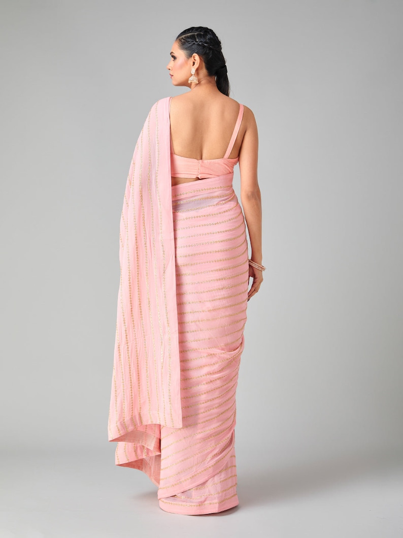 Pastel Pink Saree/ Baby Pink Sari/ Pink Gold Saree/ Stripes Saree/ Sari With Blouse/ Pastel ...