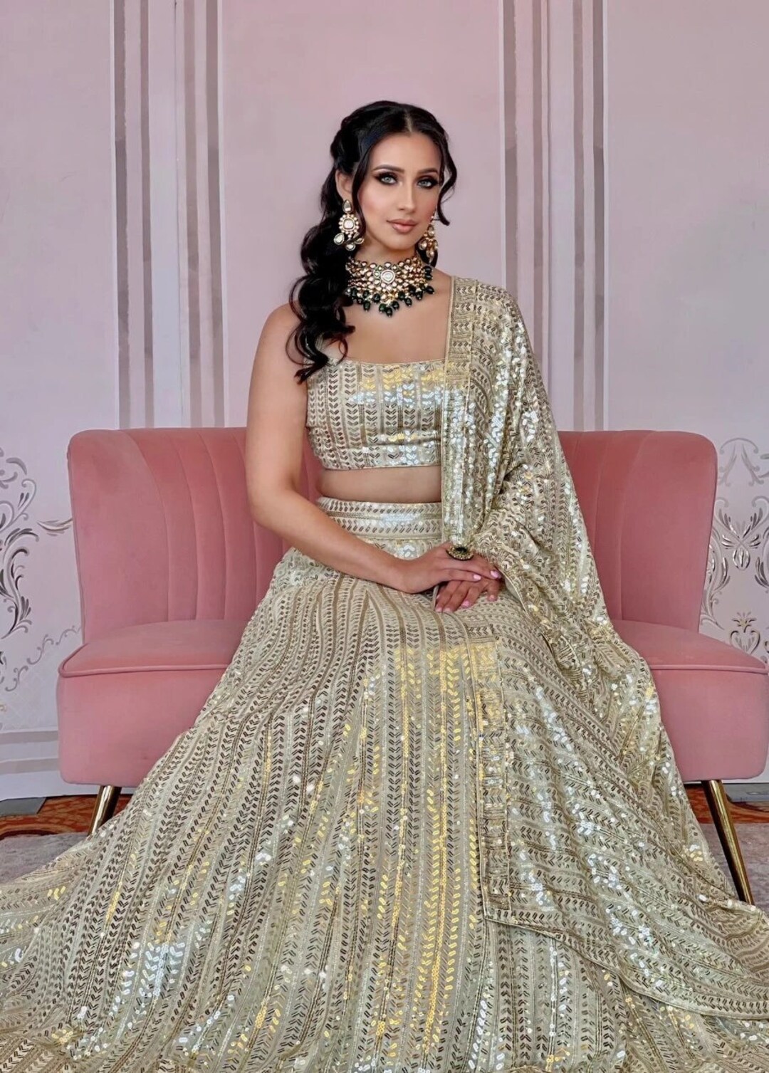 Ivory Gold Lehenga/ Gold Sequins Lehenga/ Off-white & Gold Lehenga ...