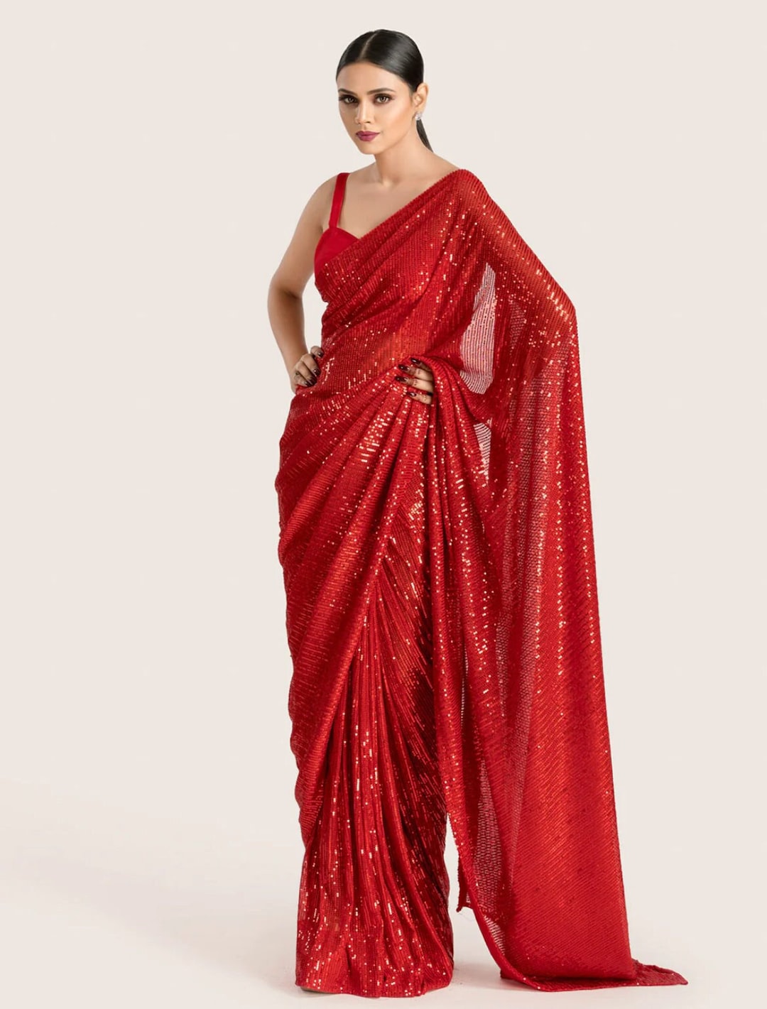 Red Sequin Sari/ Red Color Saree/ Bling Sari Indian/ Red Bling - Etsy