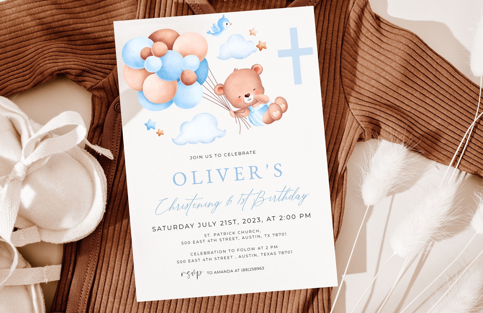 Editable Christening Invitation Boy Baptism Invitation Beary Invite ...