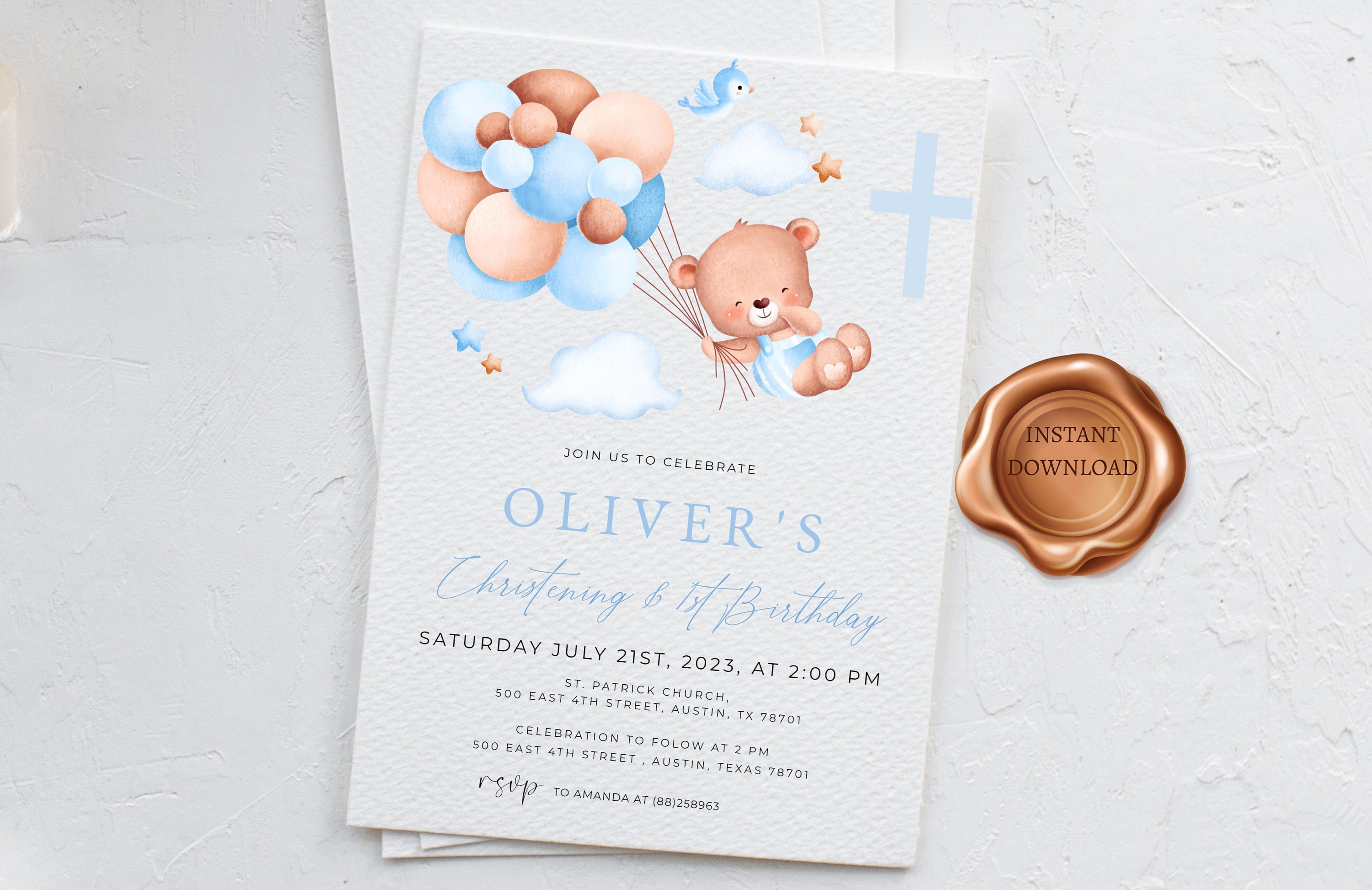 Editable Christening Invitation Boy Baptism Invitation Beary Invite ...