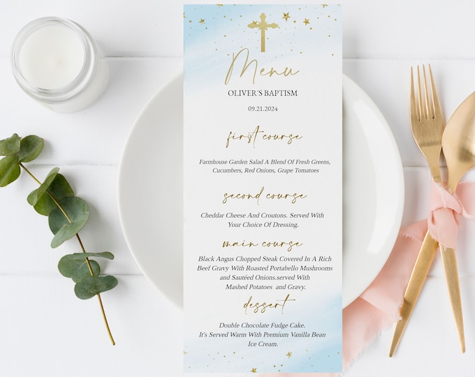 Blue Watercolor Baptism Menu Template, Printable Christening Table Menu ...