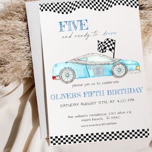Racing 5th Birthday Invitation, Five and Ready to Drive Birthday, Blue ...