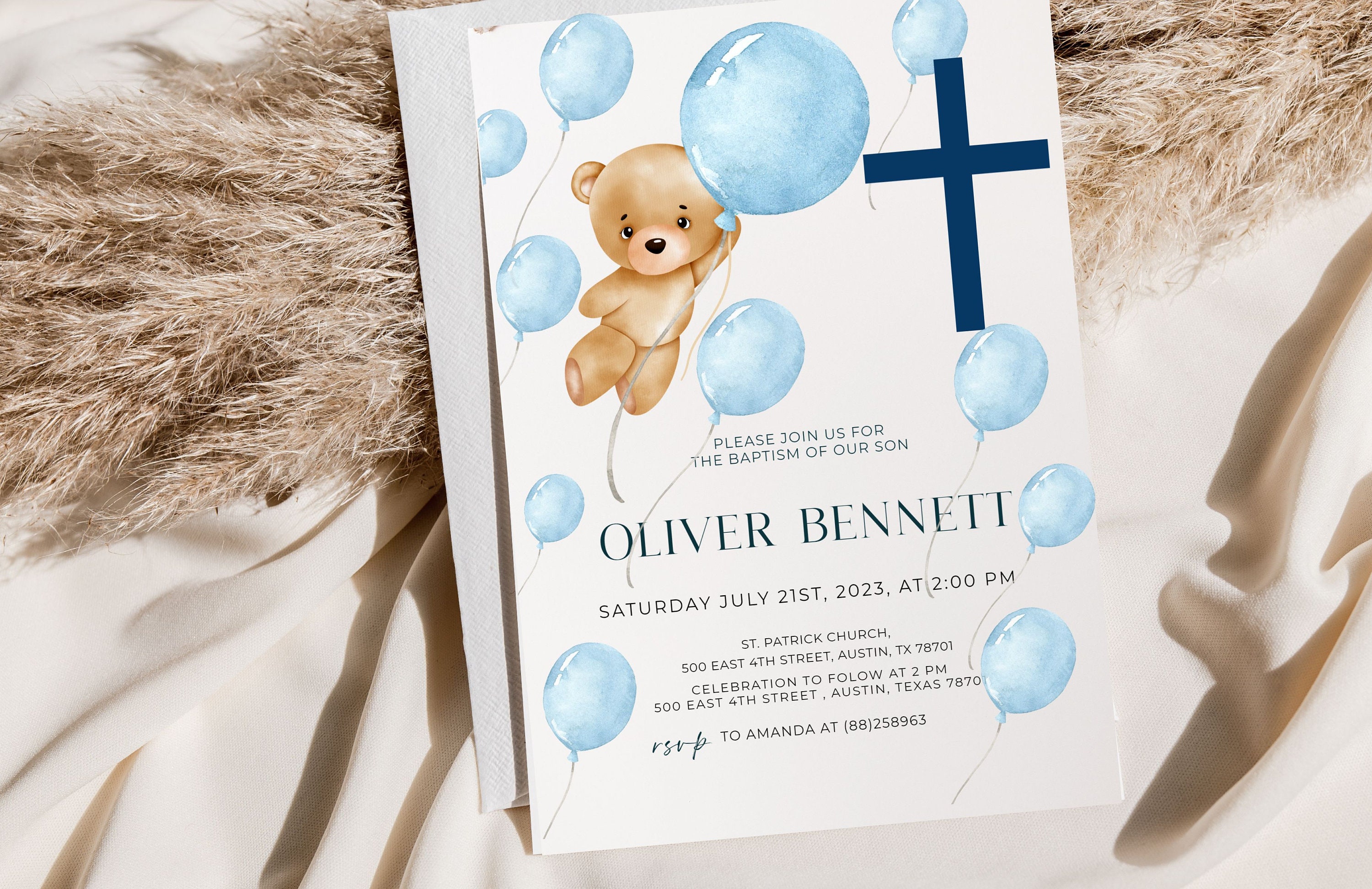 Baptism Invitation Boy, Christening Invite, Bear Baptism Invitation ...