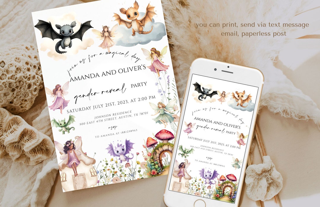 Fairy and Dragon Gender Reveal, Fairy Invitation, Baby Dragon ...