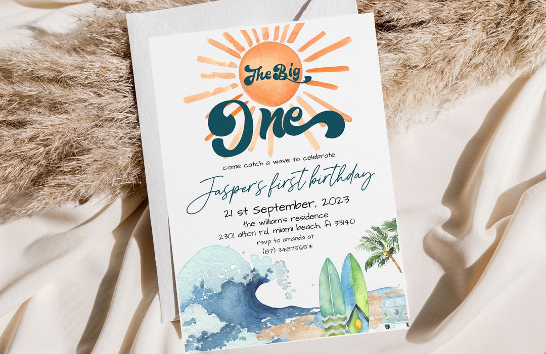 The Big One Surfing Invitation Template, Surf is Up, Retor Surf Boy ...