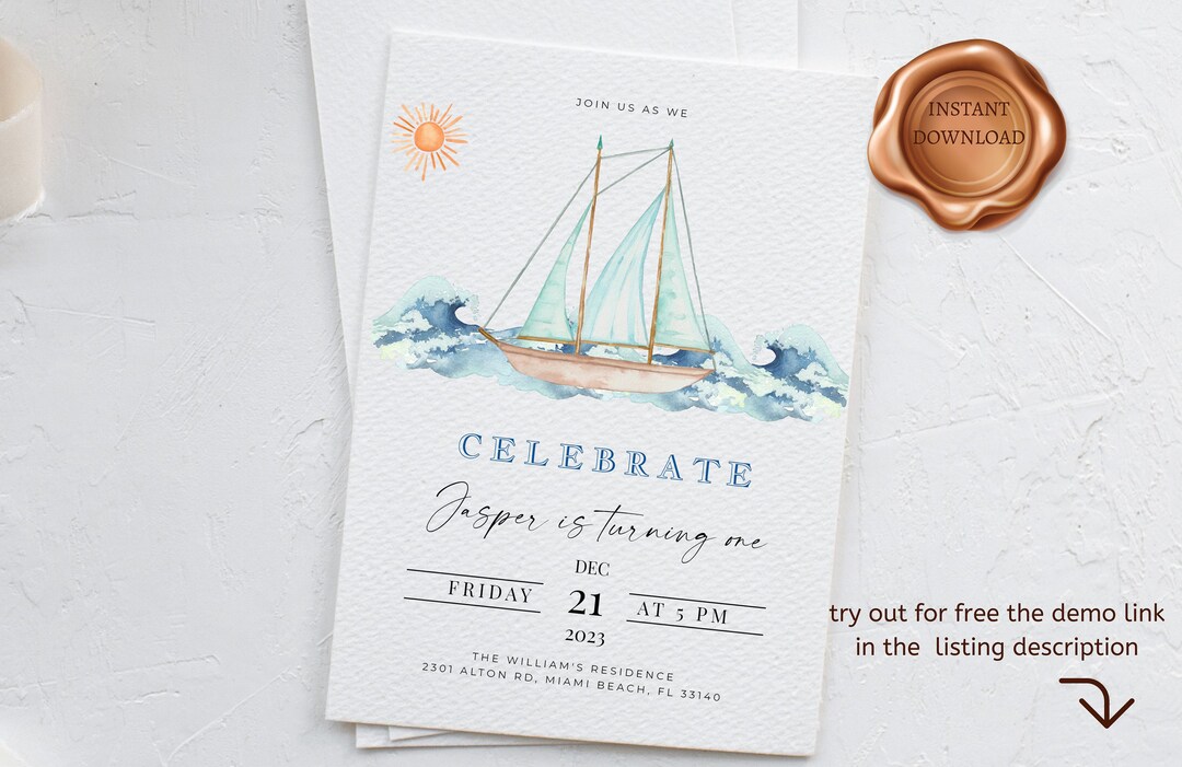 Sailing Into One 1st Birthday Invitation, Boat Birthday Invite, Modern ...
