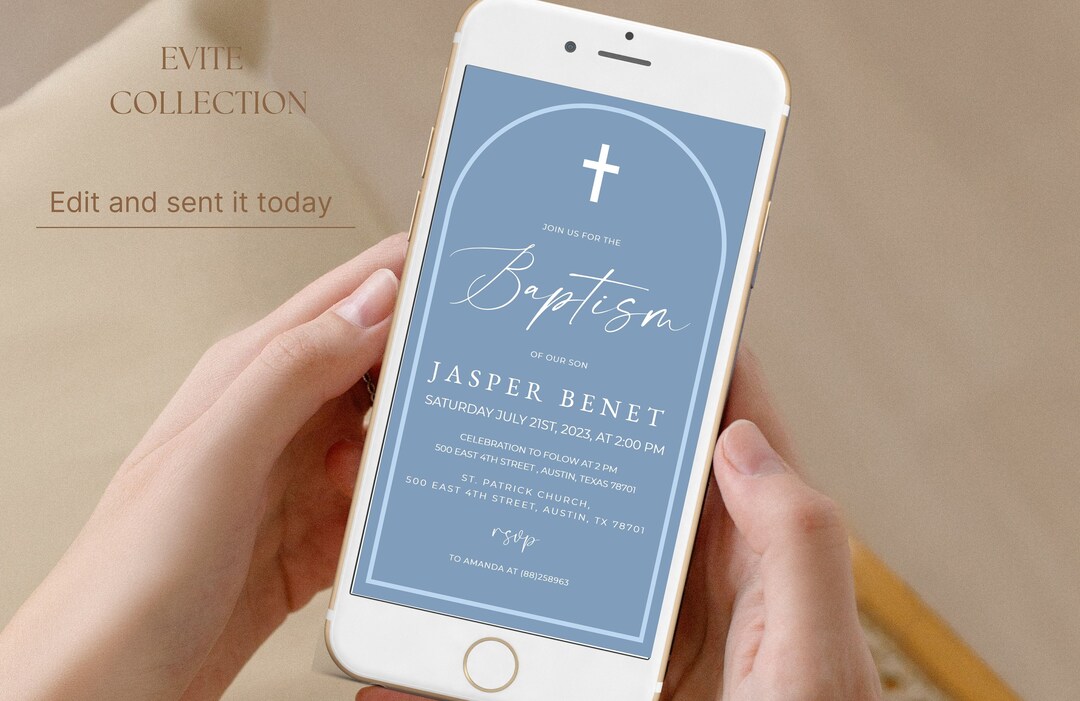 Digital Baptism Invitation Boy, Baptism Invite Electronic, Dusty Blue ...