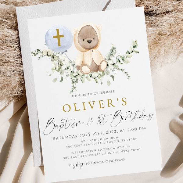 Teddy Bear Balloon Christening Invitation - Etsy