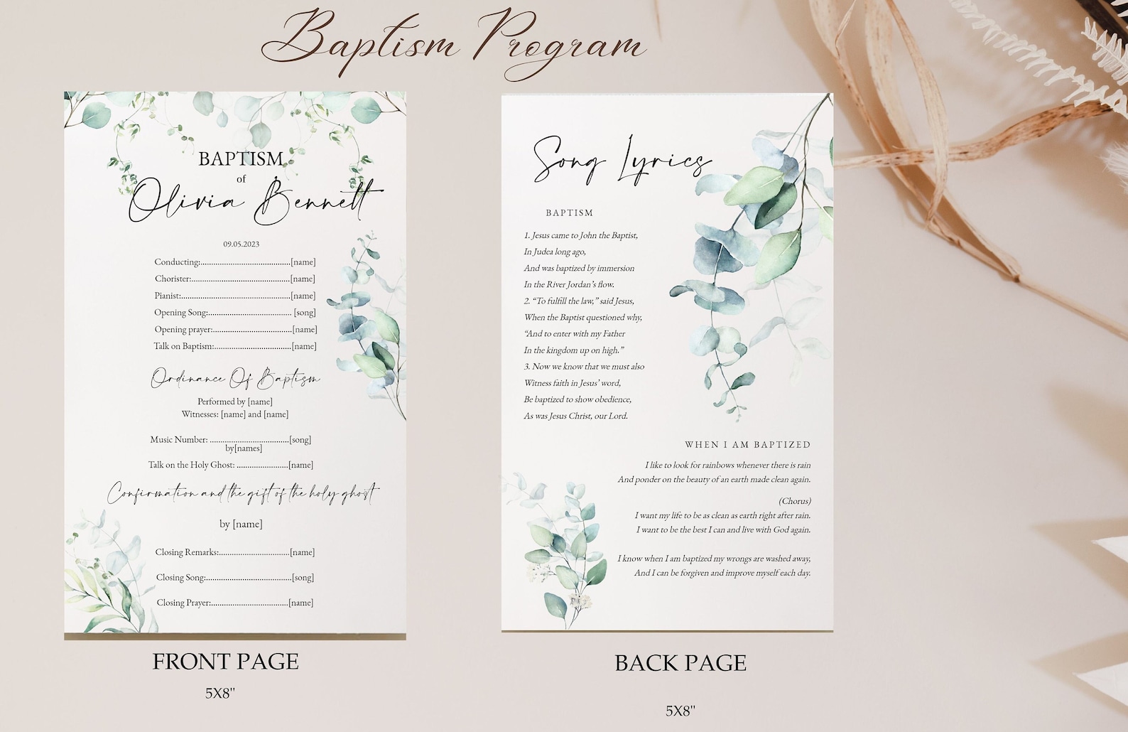 Baptism Program Template, Printable Baptism Program, Greenery Baptism Program, Lds Baptism ...