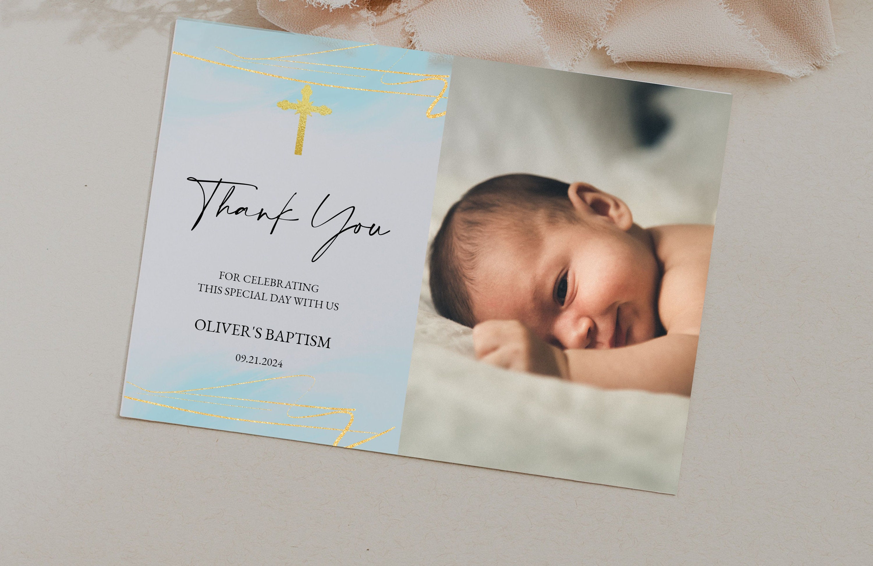 Boy Baptism Photo Thank You Card, Blue Photo Card, Boys Thank You Card ...