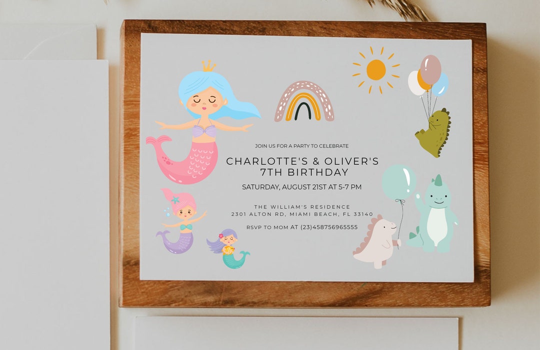 Mermaid and Dinosaur Birthday Invitation, Joint Mermaids Dinosaurs ...