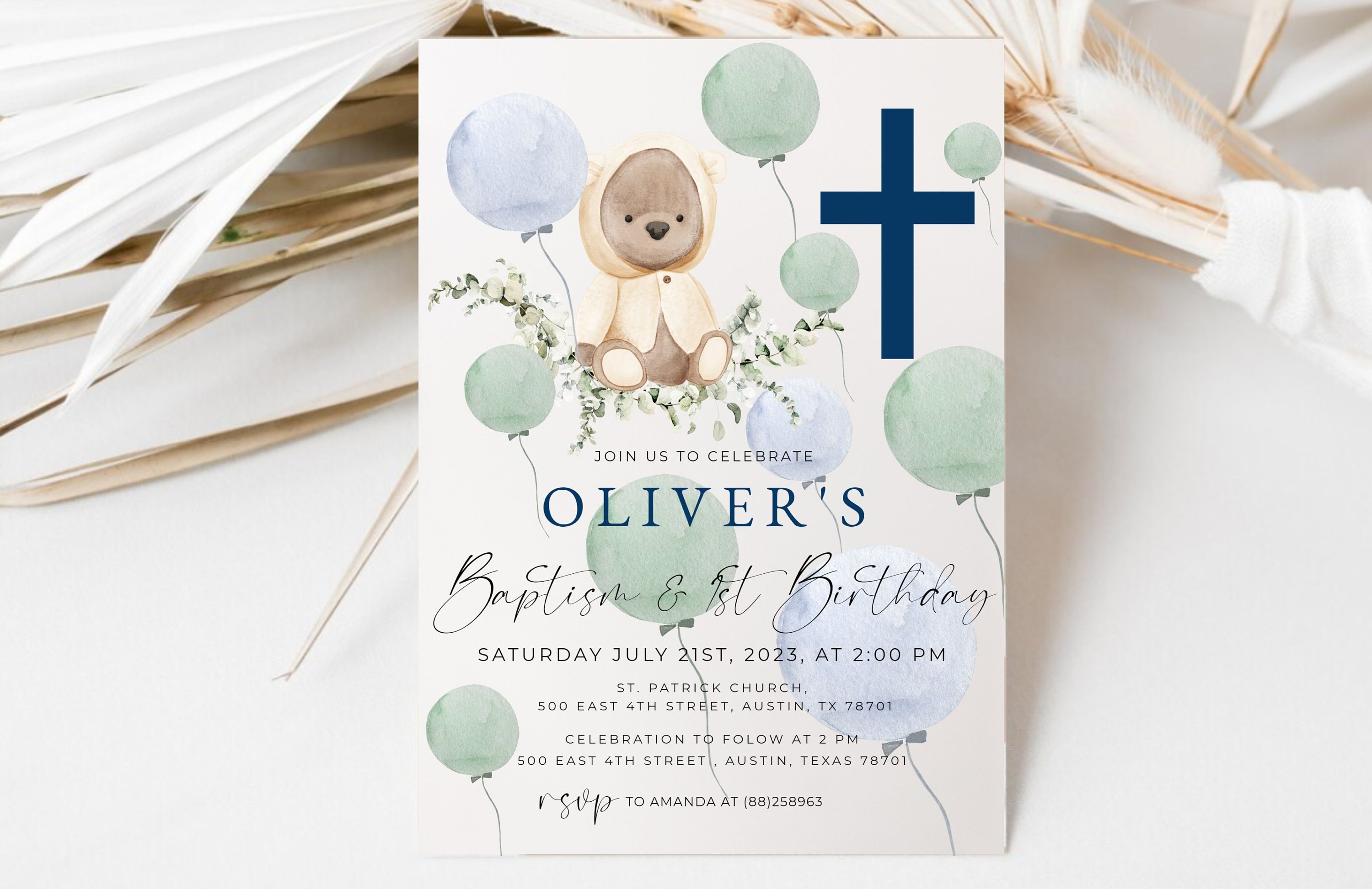 Baptism and Birthday Invitation, 1st Birthday Invite, Bear With Balloon ...