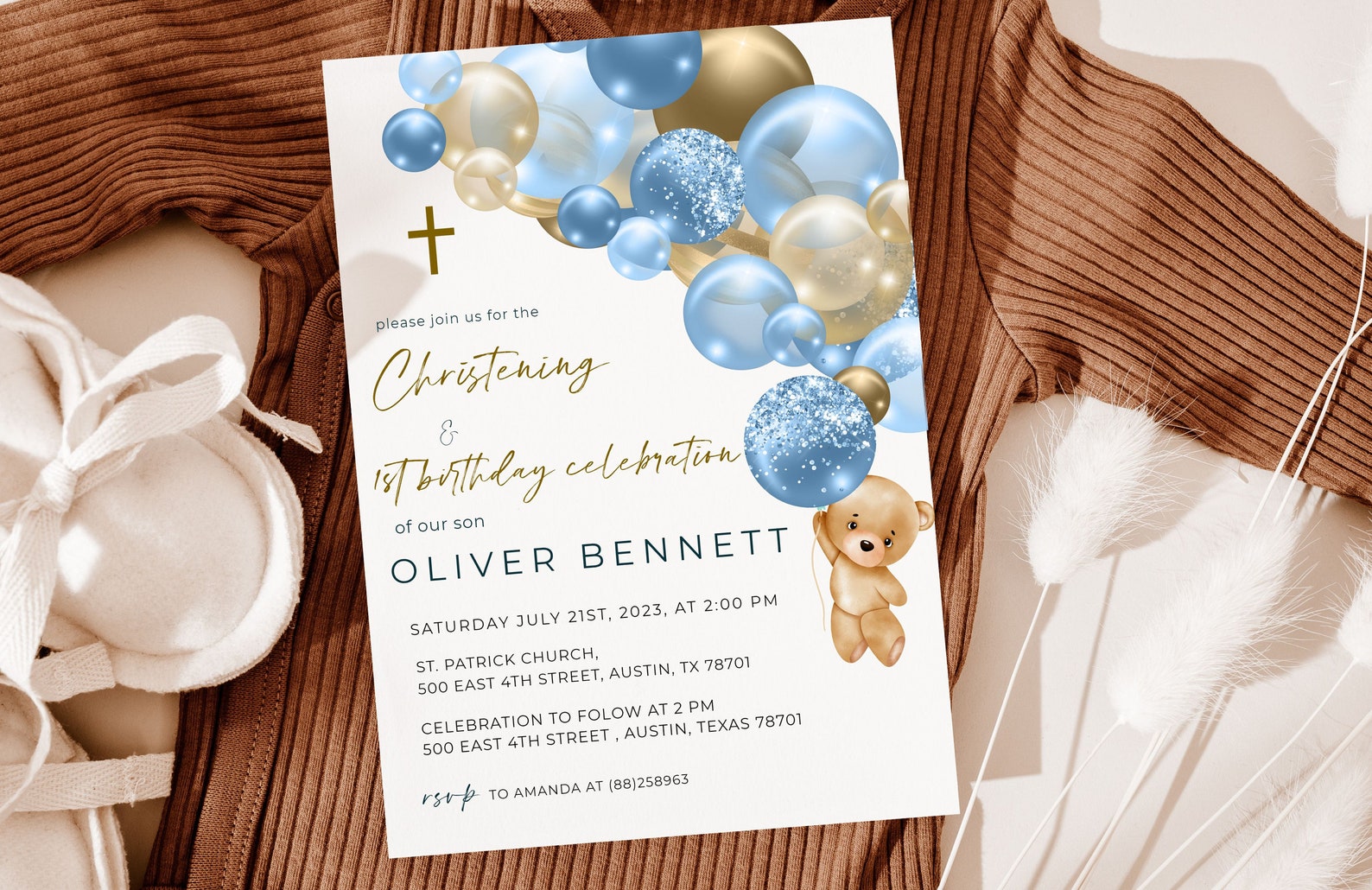Baptism and First Birthday Invitation Boy, Christening Invitation, Bear ...