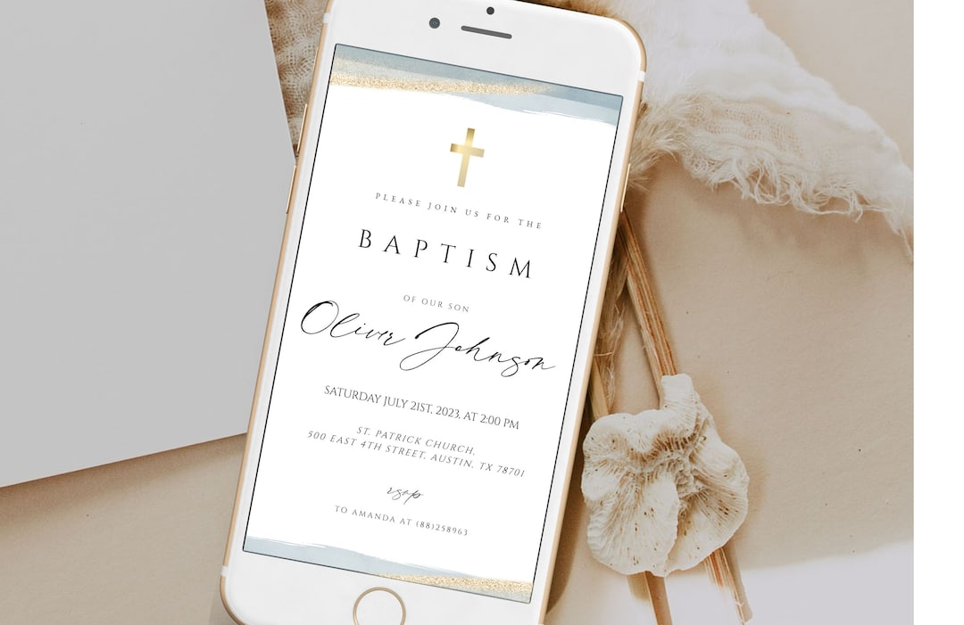 Digital Baptism Invitation, Christening Invite, Boy Baptism, Dusty Blue ...
