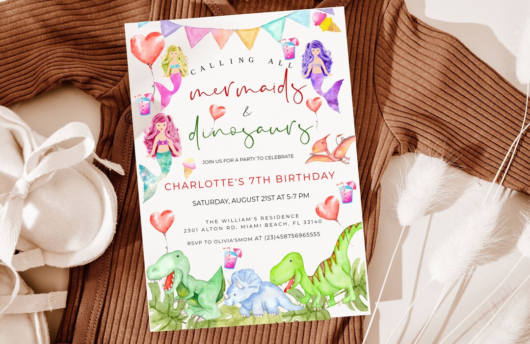 Mermaid and Dinosaur Birthday Invitation, Joint Mermaids Dinosaurs ...
