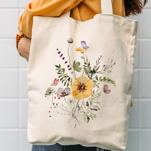 Floral Canvas Tote Bag Wildflowers Tote Bag Shopping Bag - Etsy