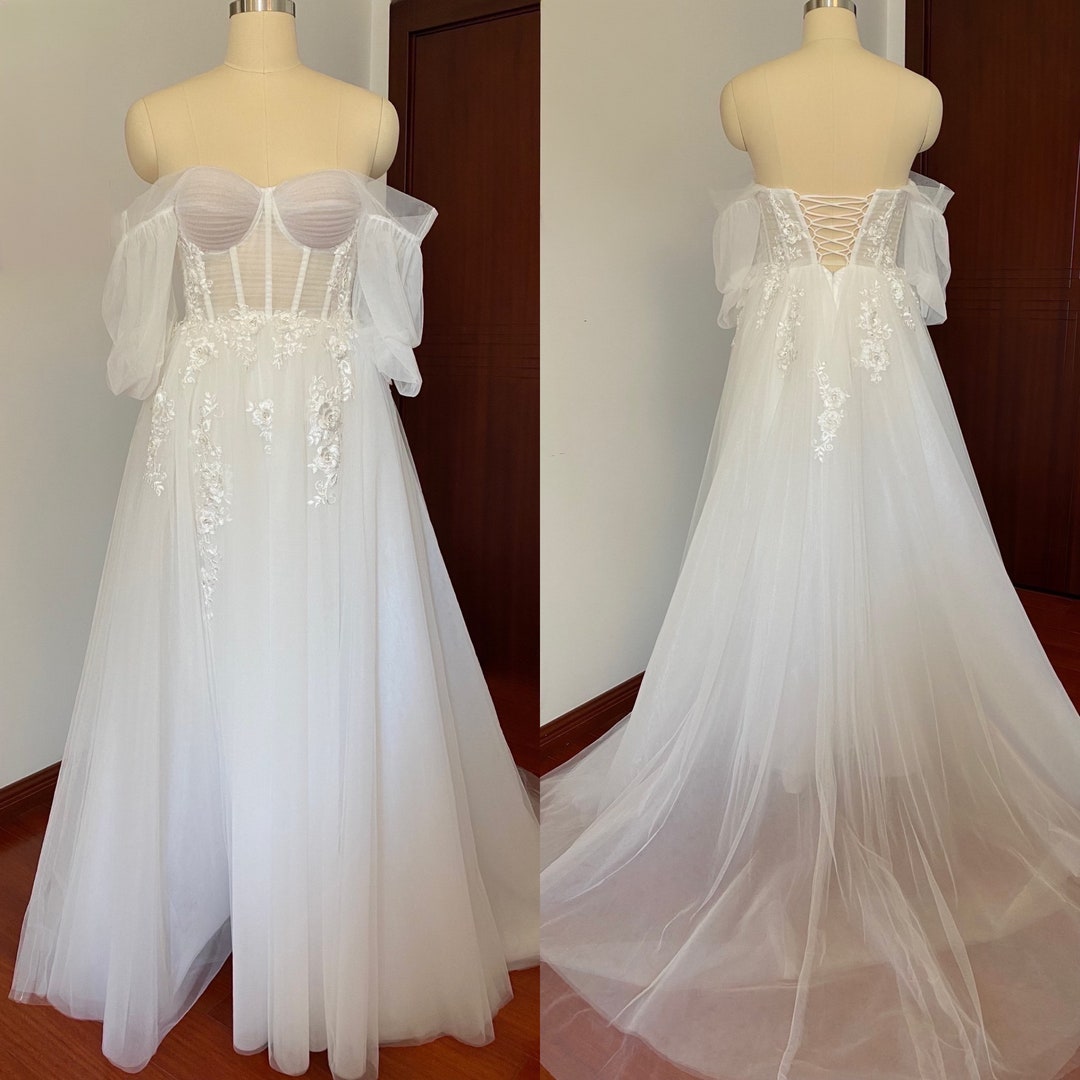 Off the Shoulder Fairy A-line Slit Wedding Dress With Detached Long Sleeves, Custom Sexy Boho ...