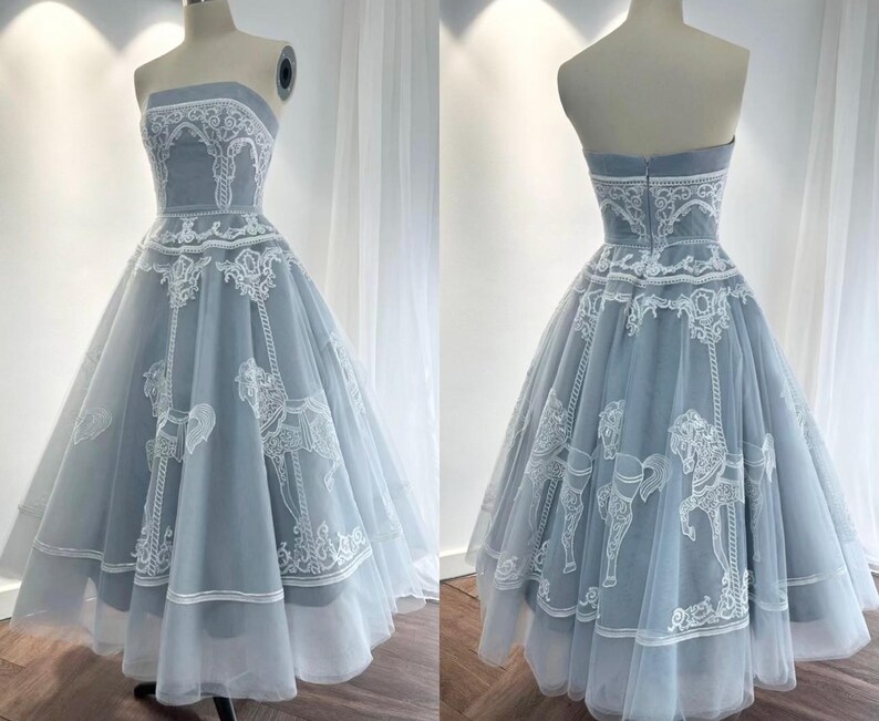 Blue Midi Wedding Dress With Horse Embroidery | Delphine - Etsy