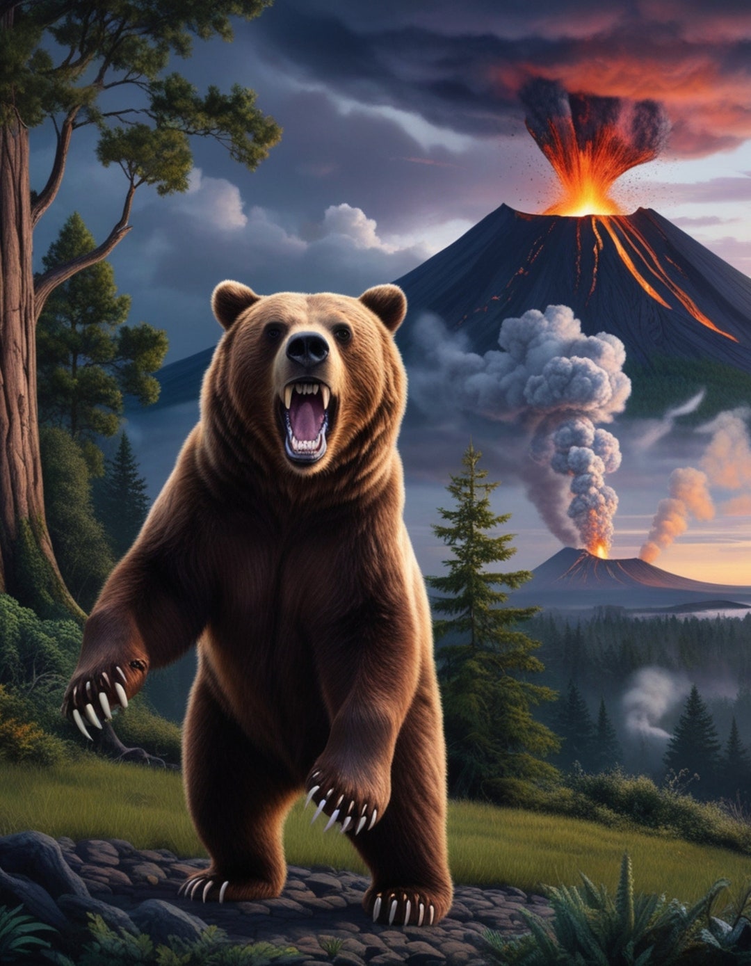 Grizzly Bear With Vocano Erupting - Etsy
