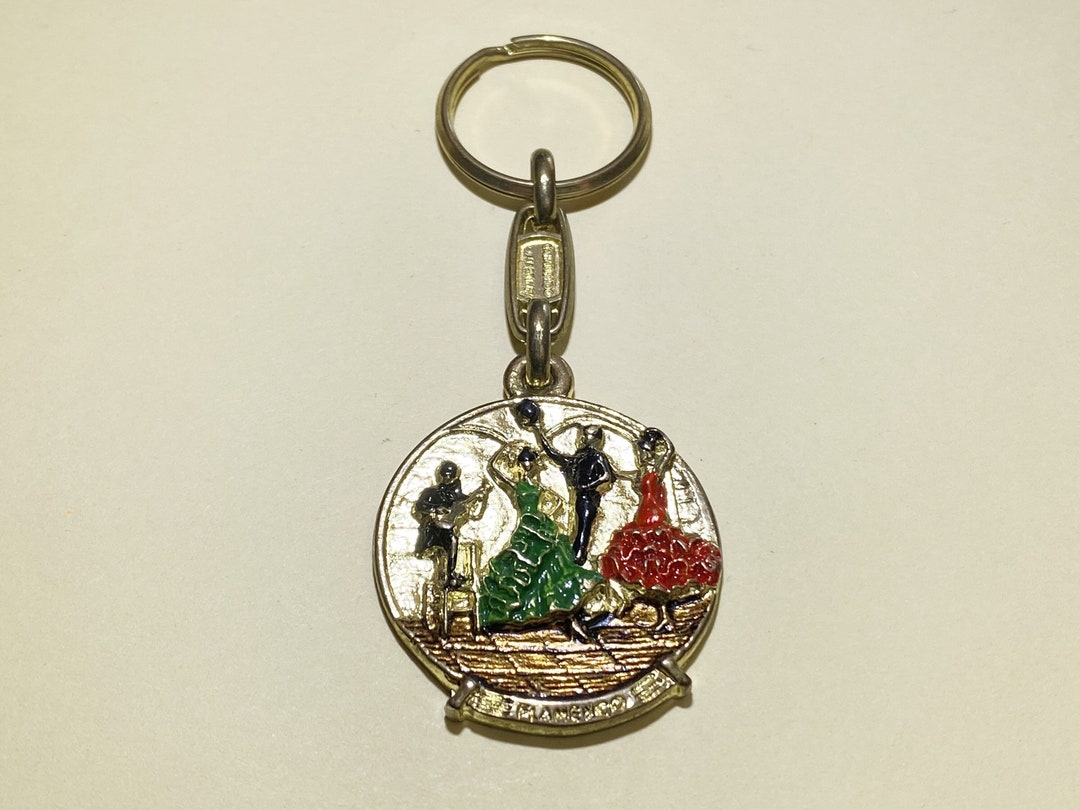 Sevillanas Dancers Enamel Keychain Vintage Gold Tone Metal Flamenco ...