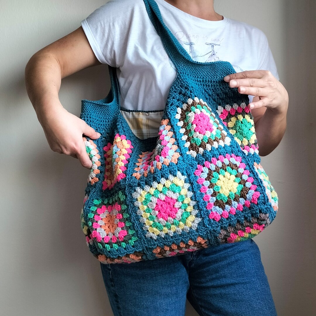Crochet XL Tote Bag Granny Square Shoulder Bag Cotton Lined - Etsy