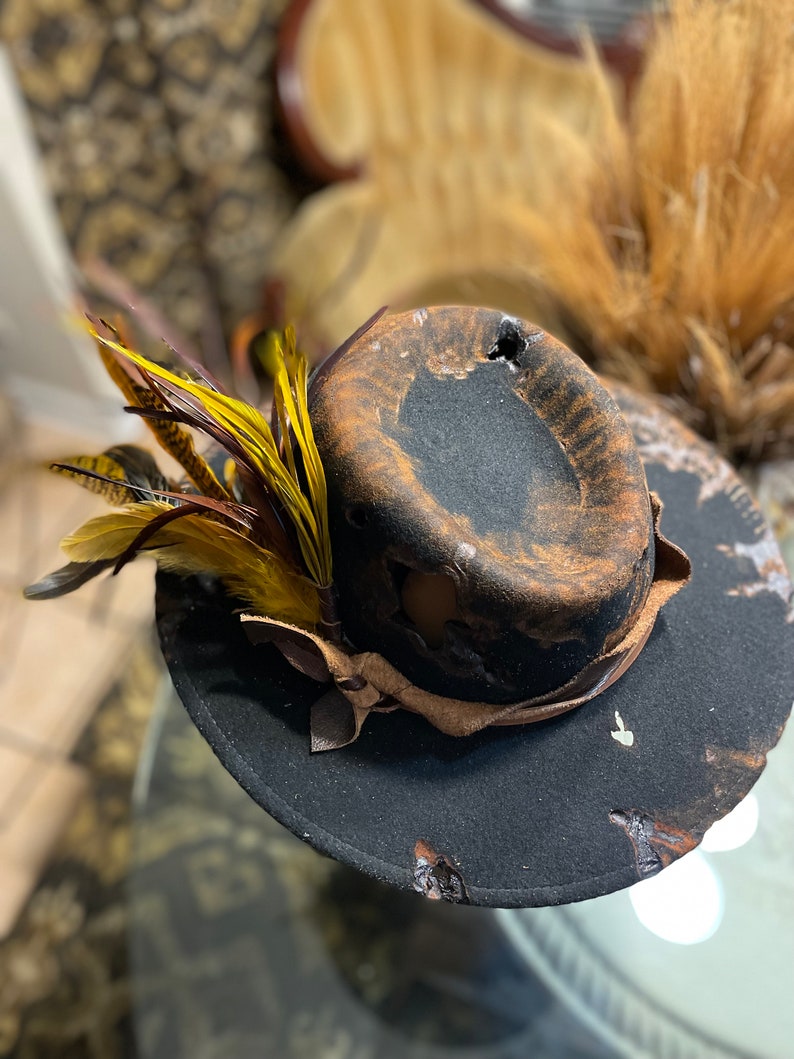 Wool Felt Fedora Hat, Burnt Distressed Style With Exotic Feathers - Etsy