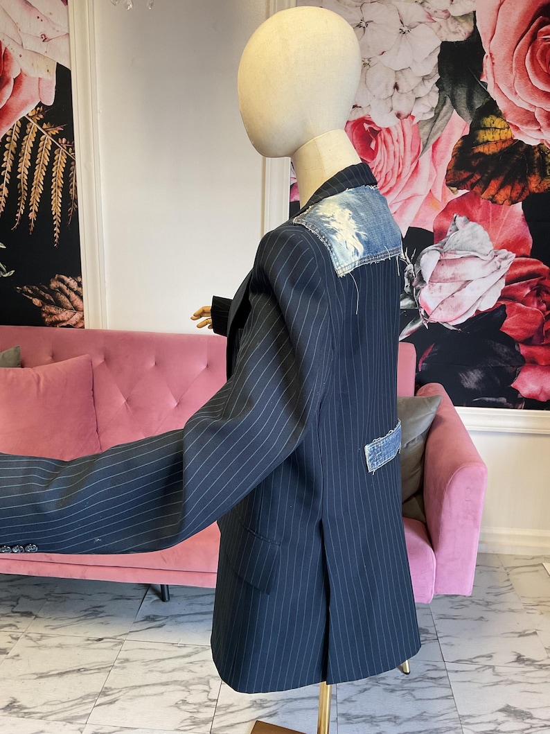 Custom Made Repurposed Navy Blue Wide Pinstriped Vintage Suit Coat ...