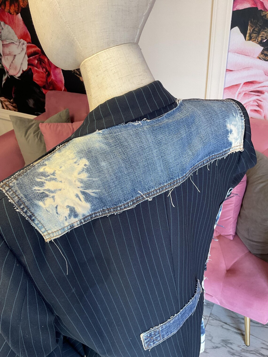 Repurposed Pinstripe Suit Jacket, Denim Tie-dye Overlay - Etsy