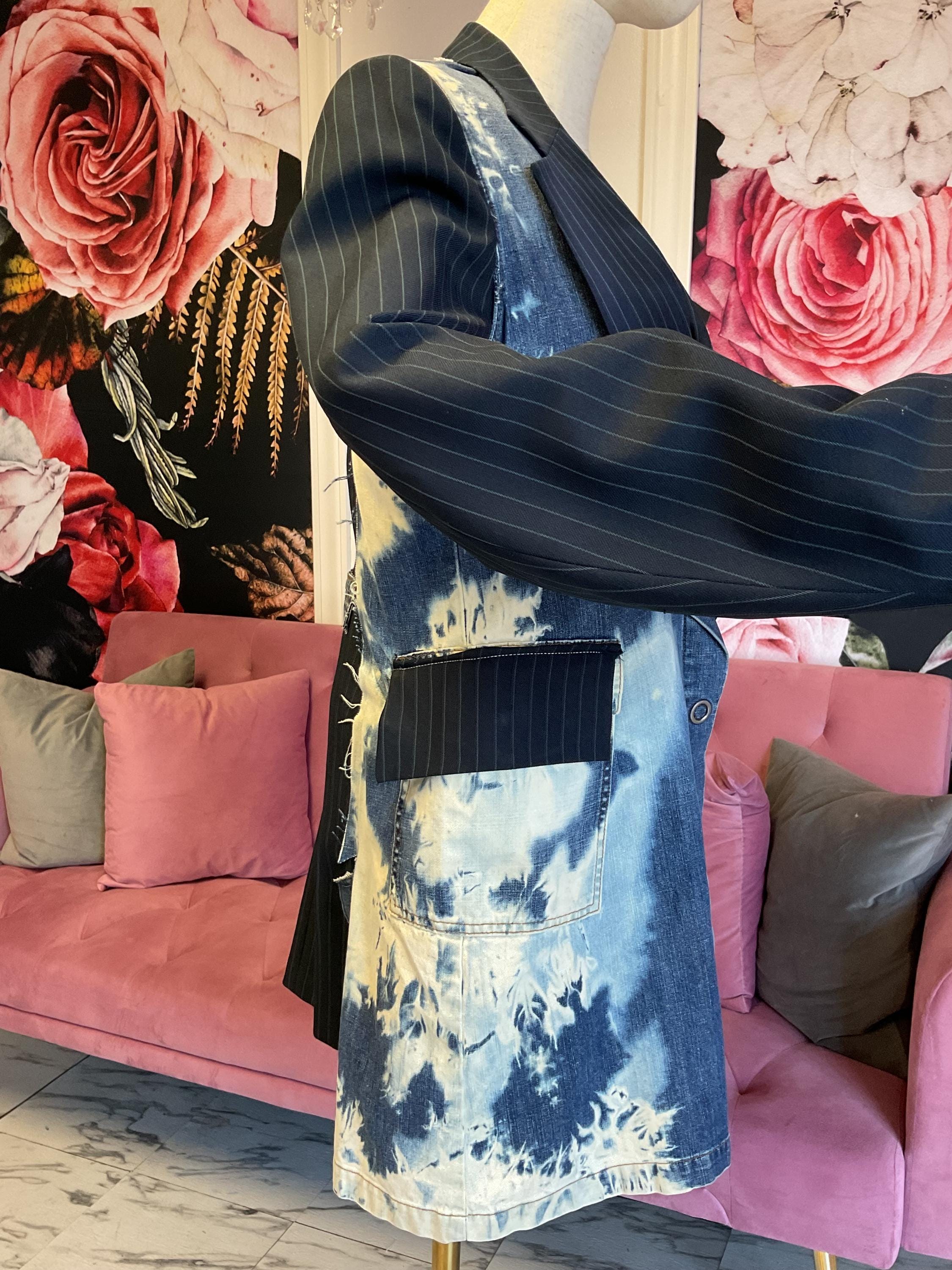 Custom Made Repurposed Navy Blue Wide Pinstriped Vintage Suit Coat ...